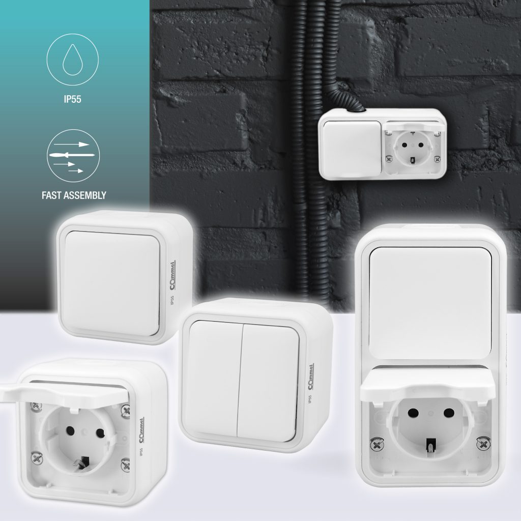 Surface mounted sockets and switches – white IP55 – Commel Zagreb